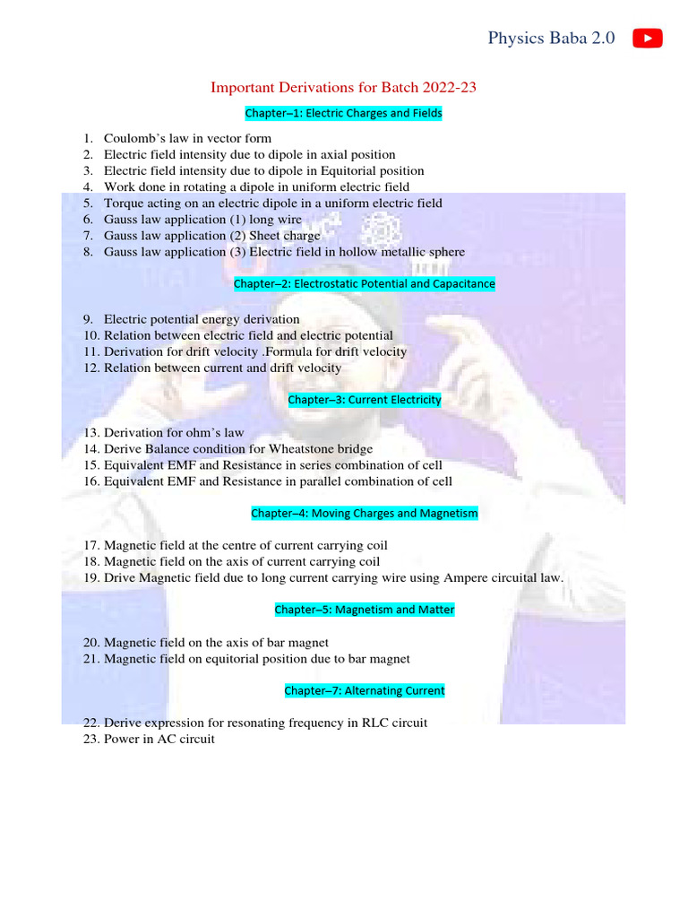 Key Physics Derivations for Class 12 | PDF | Magnetic Field | Electric Field