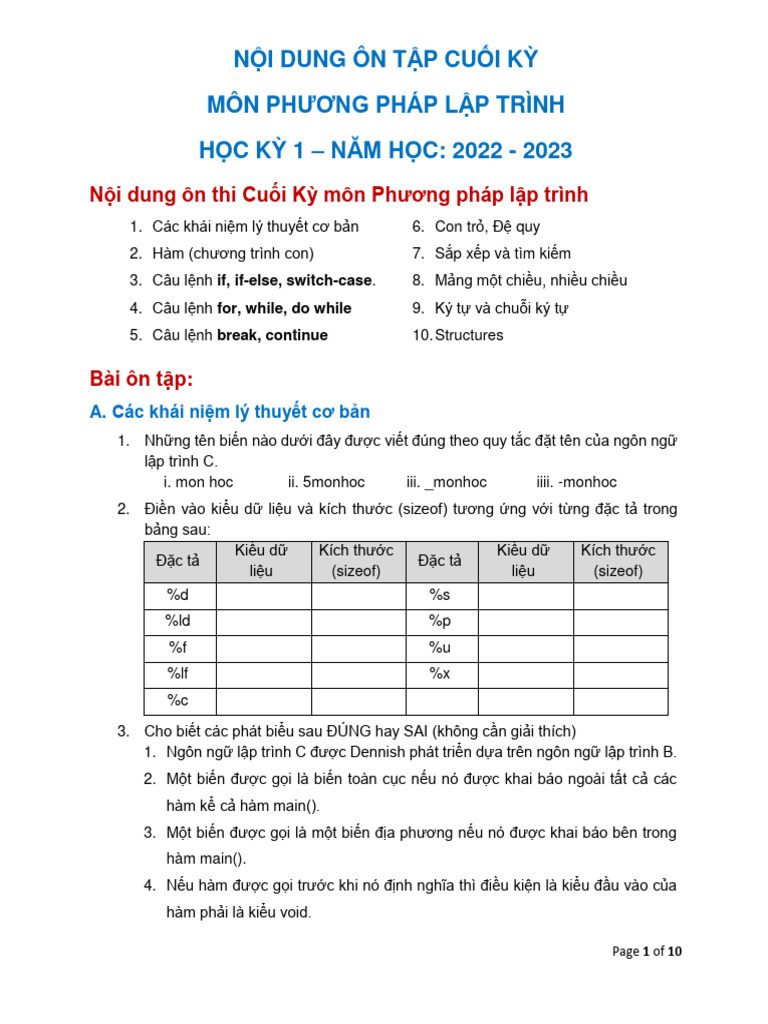 OnTap - Cuoi Ky - Mon Phuong Phap Lap Trinh | PDF