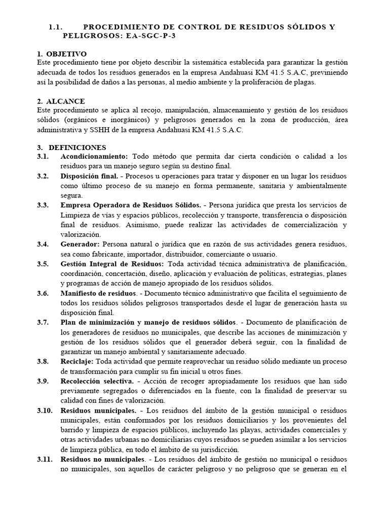 Procedimiento de Control de Residuos Sólidos y Peligrosos | PDF | Residuos | Gestión de residuos