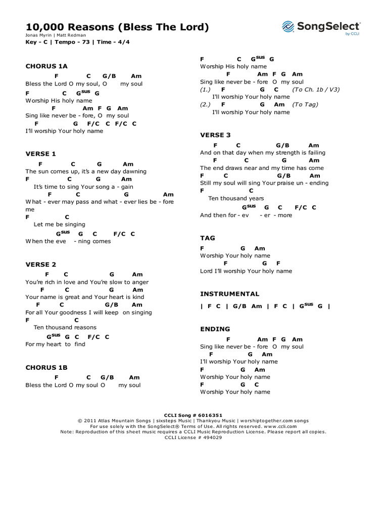 10,000 Reasons (Bless The Lord)-chords-C | PDF | Christian Music | Songs