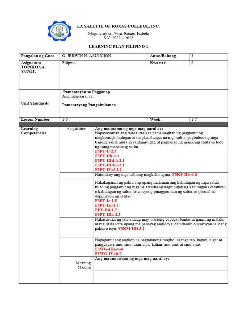 Learning Plan Fil 3 Q2 Week 1-7 | PDF