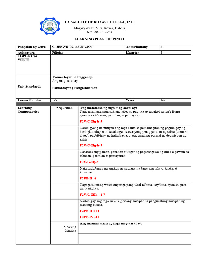 Learning Plan Fil 2 Q4 | PDF
