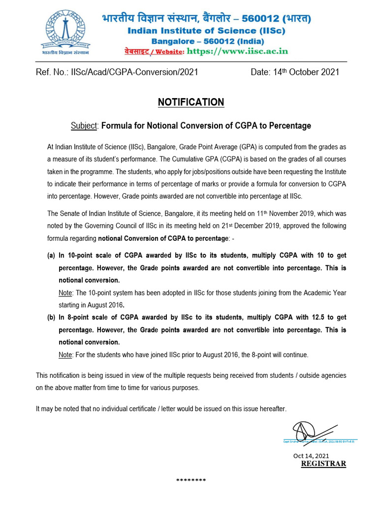IISc CGPA Percentage Conversion Notification Signed | PDF
