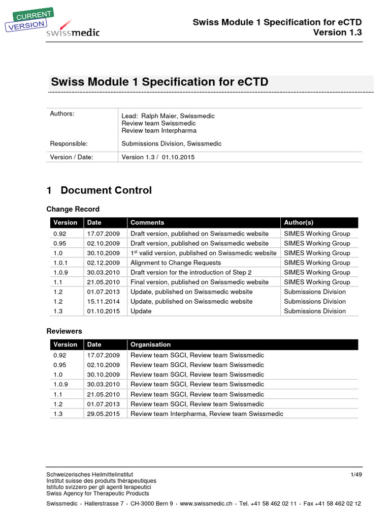 Guideline Swiss Module 1 Specification For eCTD, Version 1.3, 01-Oct ...