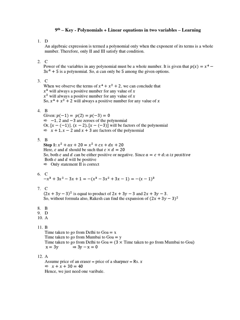 9th - Polynomials - Linear Equations in Two Variables - Learning - Key ...