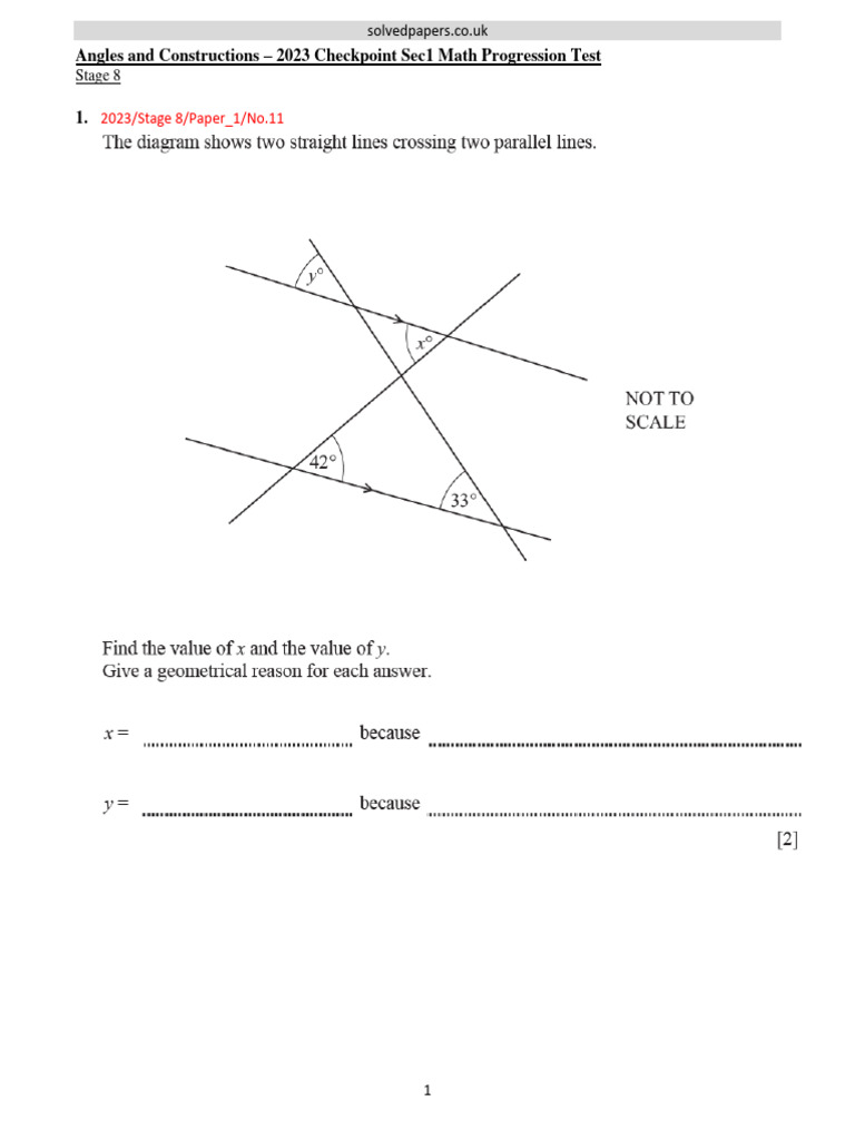 2023 Angles and Constructions Checkpoint - Sec1 - Math - Progression - Stage 8 | PDF