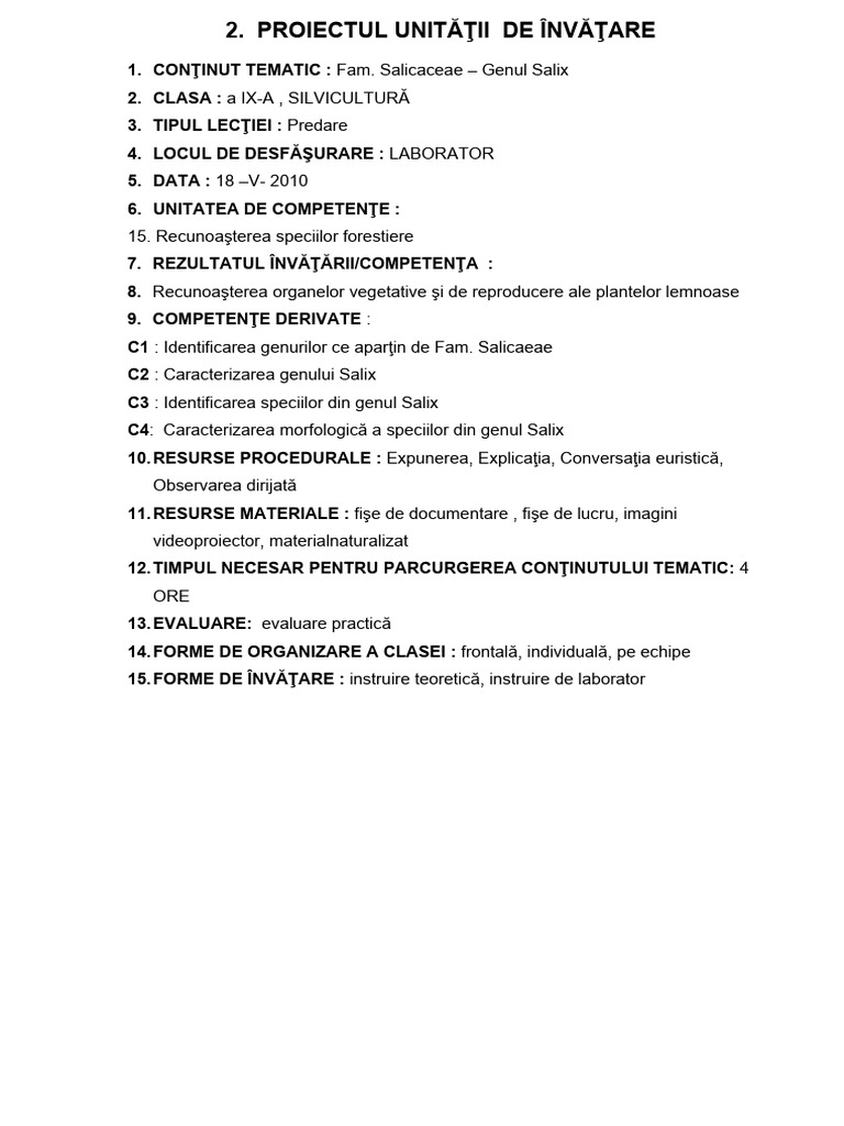 Proiectul Unitatii de Invatare. Genul Salix. Familia Salicaceae | PDF