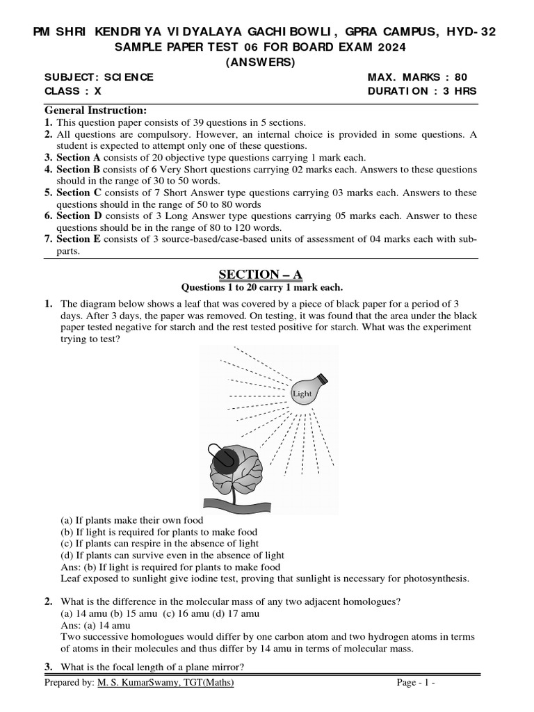 Science Class X Sample Paper Test 06 For Board Exam 2024 Answers | PDF