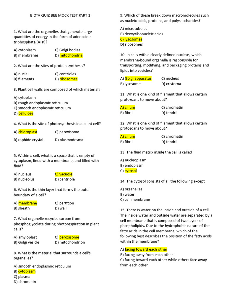 Biota Quiz Bee Mock Test Part 1 | PDF | Cell Signaling | Cell Membrane
