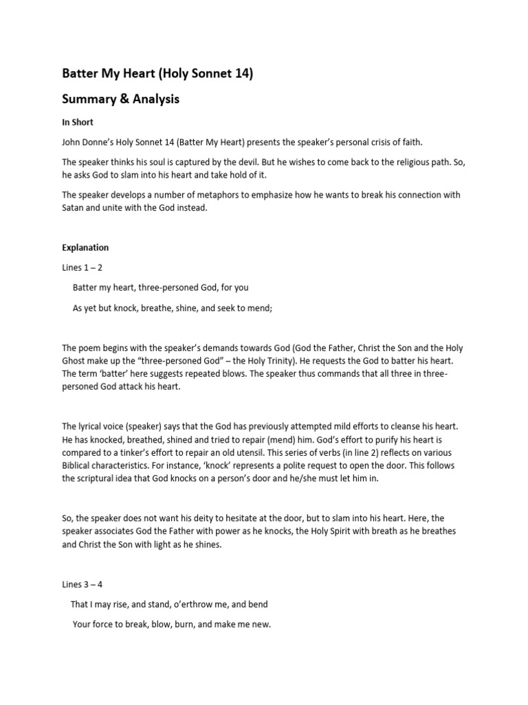 Batter My Heart (Holy Sonnet 14) Summary & Analysis: in Short | PDF ...