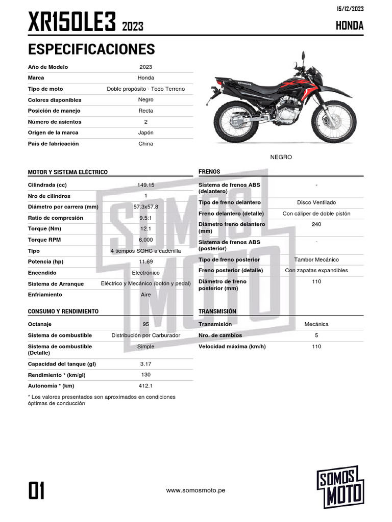 Ficha Técnica Honda XR150 2023 | PDF | Motocicleta | Carros deportivos