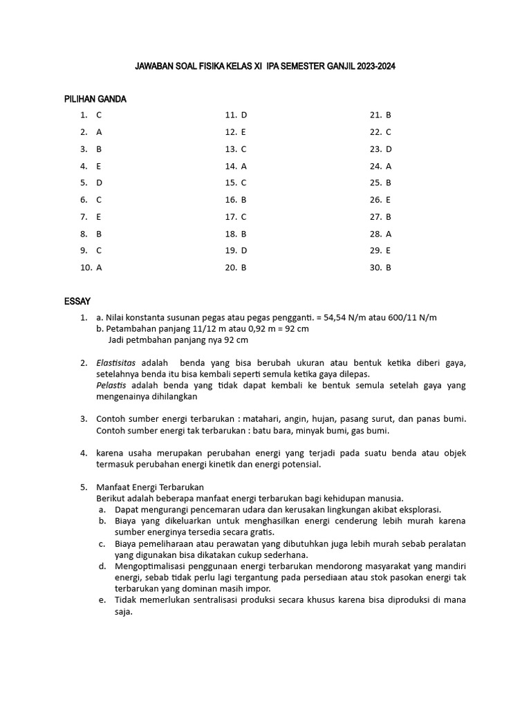 Jawaban Soal Fisika Kelas XI Semester Ganjil 2023-2024 | PDF
