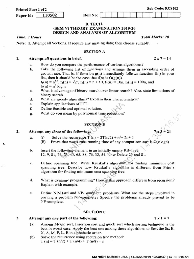Design and Analysis of Algorithm Rcs 502 2019 2020 | PDF