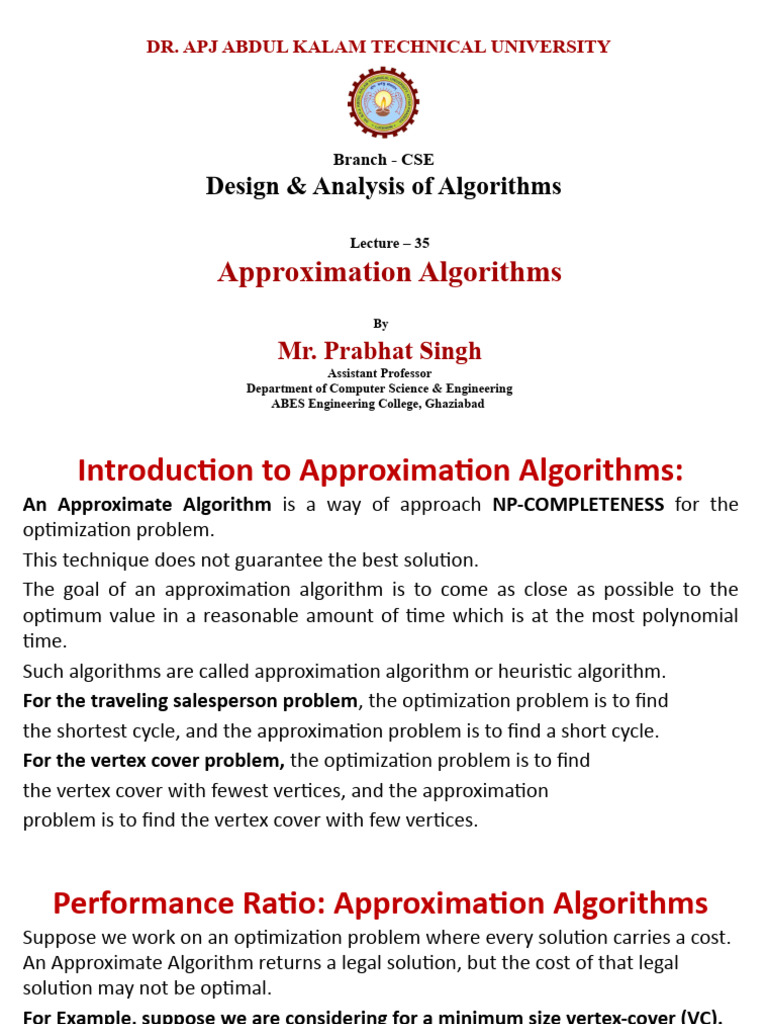 Lecture 35 Aproximation Algorithms | PDF | Mathematical Logic | Discrete Mathematics