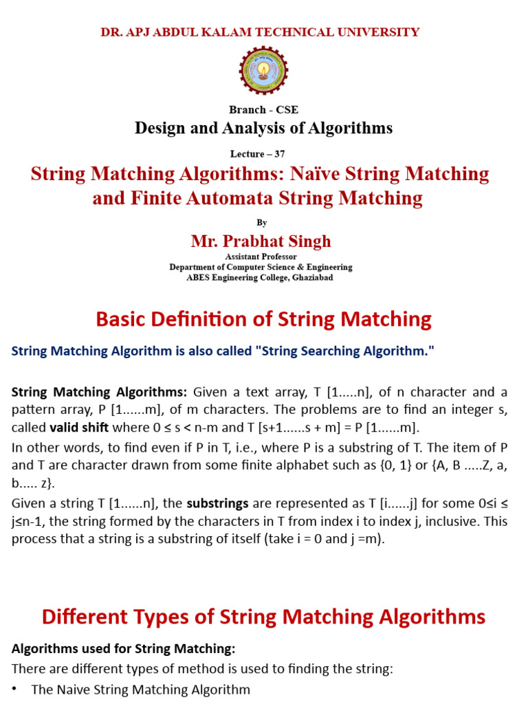 Lecture 37 String Matching | PDF | String (Computer Science) | Algorithms