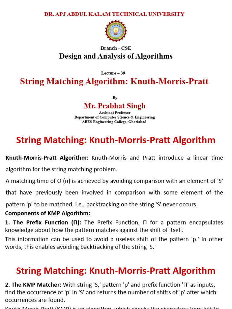 Lecture 39 Knutt Morris Pratt | PDF | Theoretical Computer Science | Computer Programming