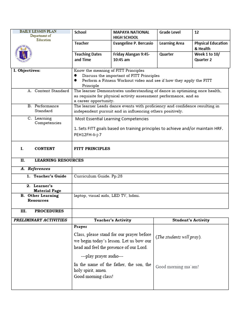 Grade 12 PE Lesson on FITT Principles | PDF