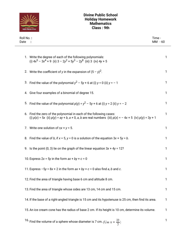 Divine Public School Holiday Homework Mathematics Class: 9th | PDF | Area | Triangle