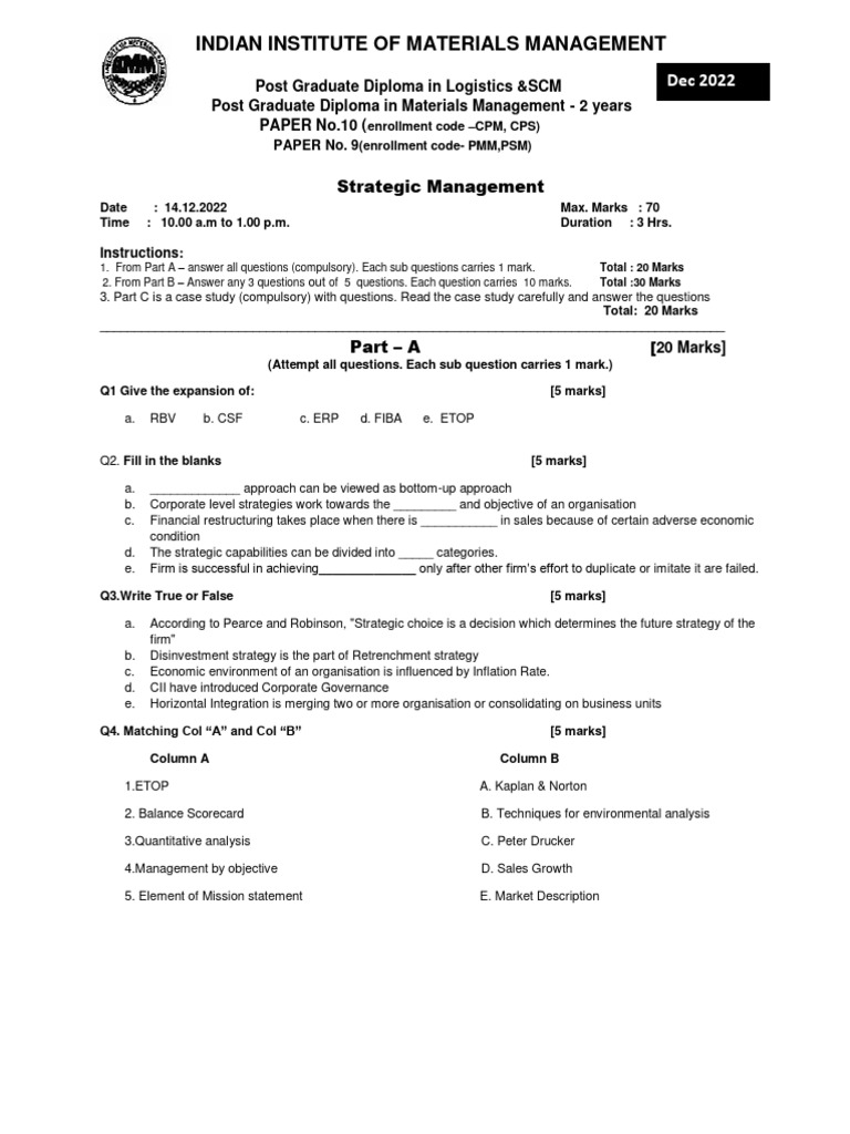 Dec-22 QP9-set-2-PGDMM-L&SCM-Strategic-Management-Dec-2022 | PDF ...