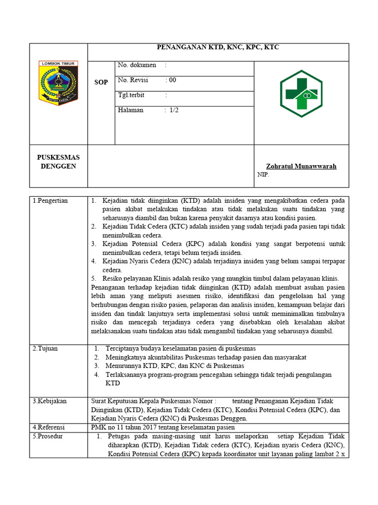 Sop Penanganan KTD, KTC, Koc, KNC | PDF