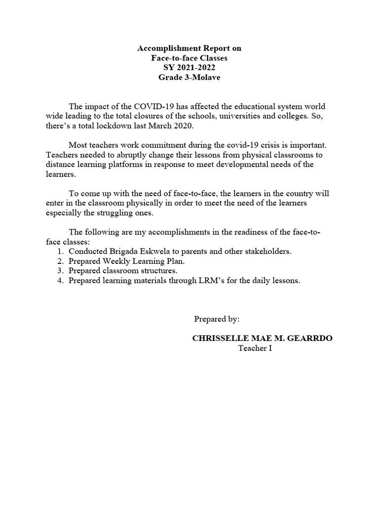 Accomplishment Report On Face-to-Face | PDF