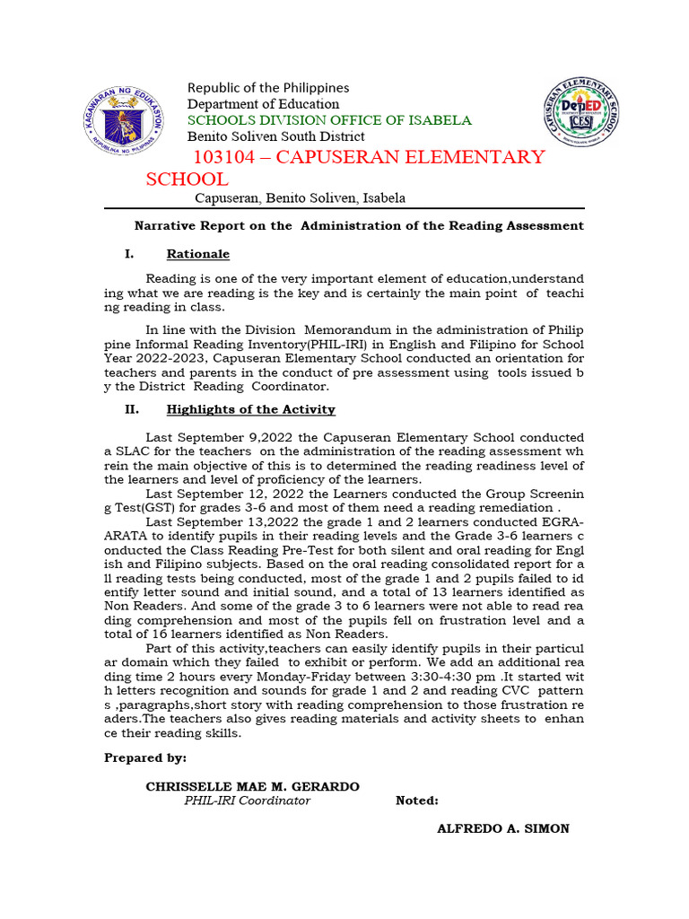 Phil-Iri Narrative Report Pre-Test | PDF