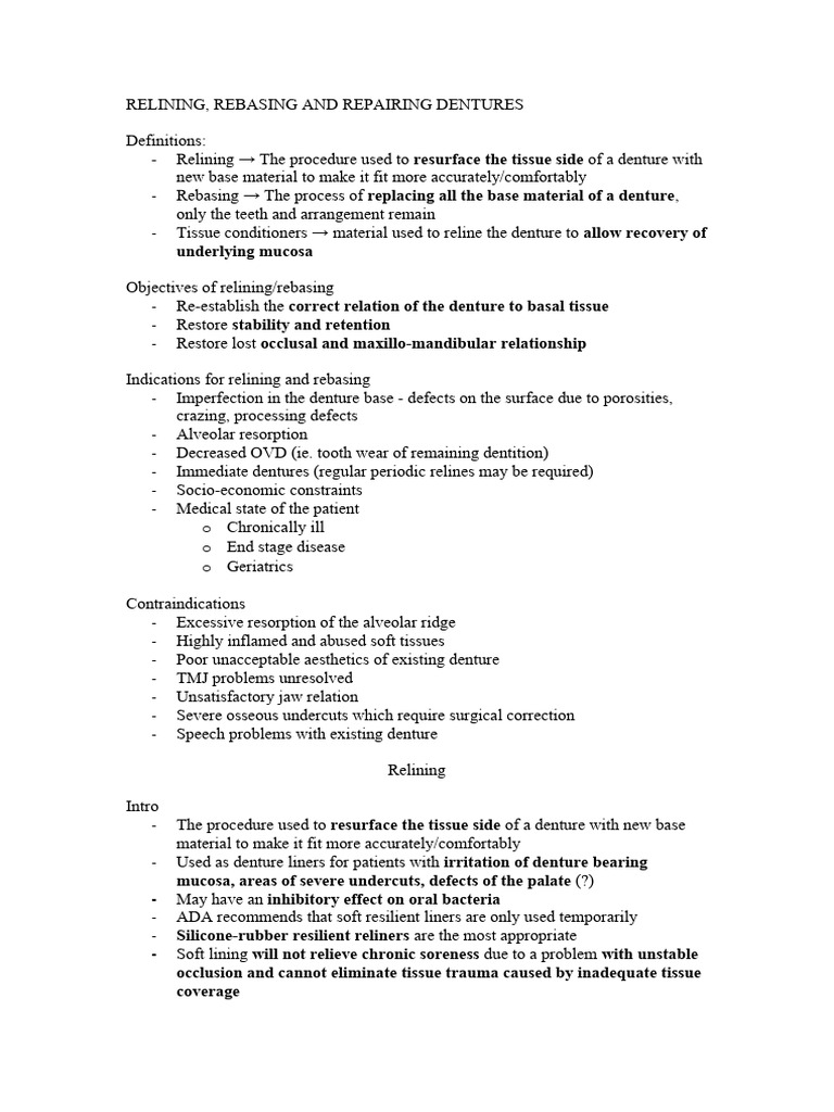 Reline Rebase and Repairing Dentures | PDF | Dentures | Fracture