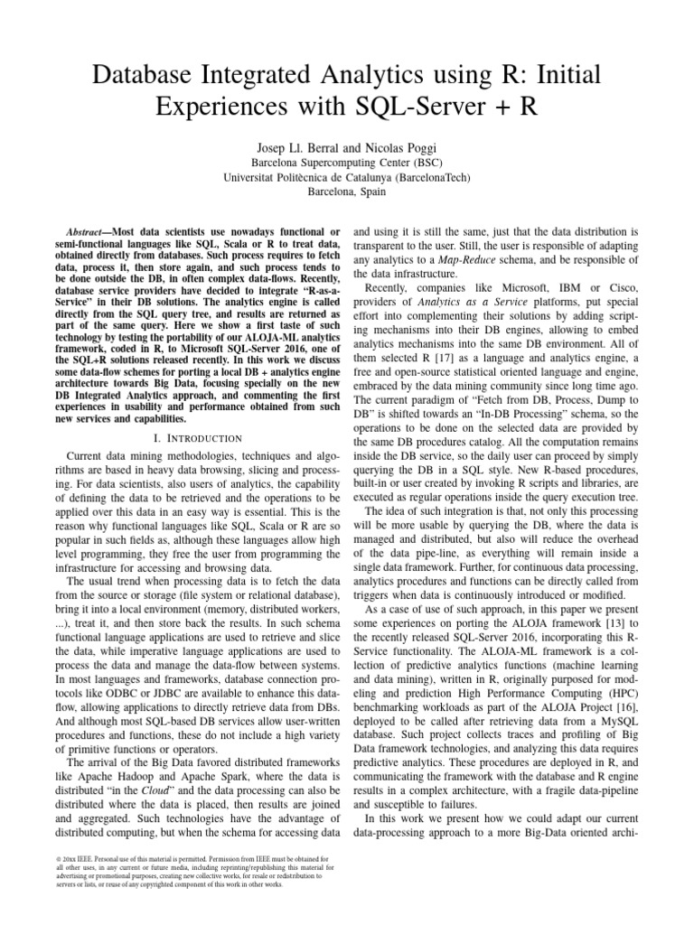 Database Integrated Analytics Using R | PDF | Apache Spark | Databases