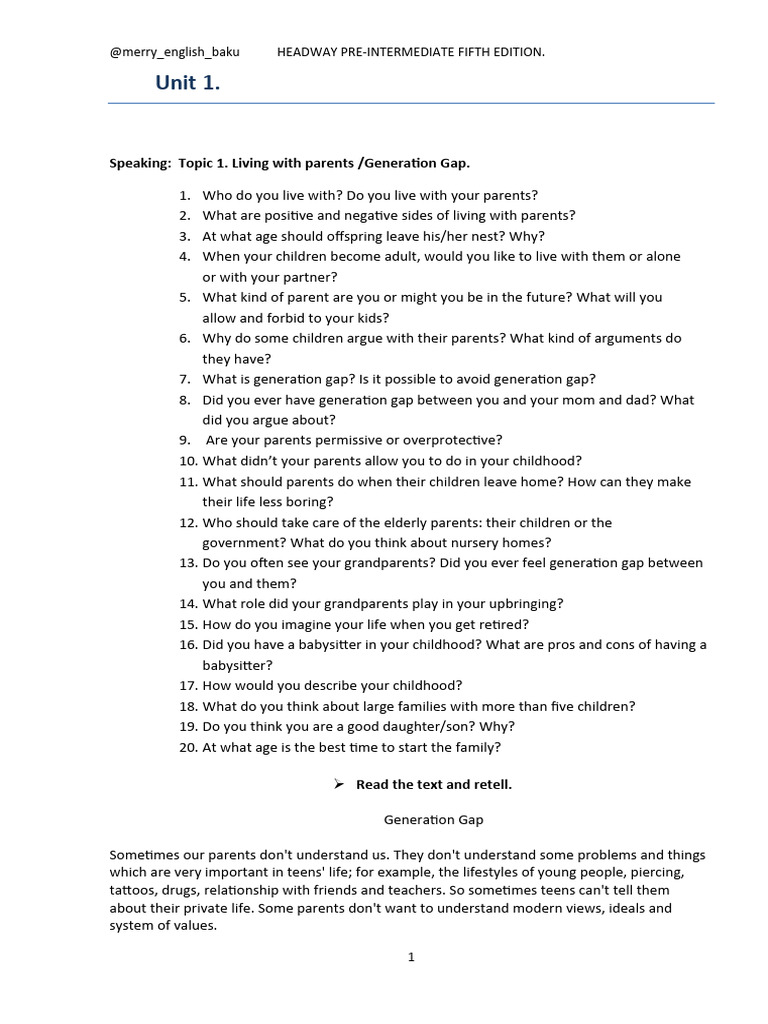 Unit 1 Pre Interm Headway | PDF | International Student | Adolescence