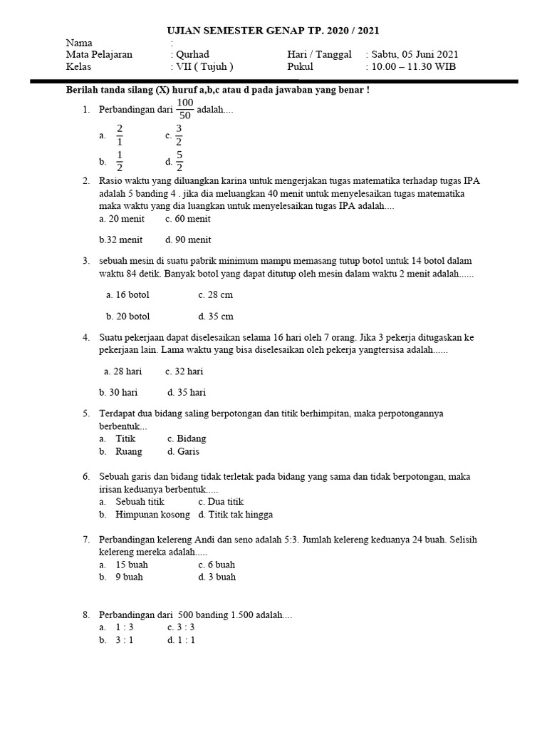 Soal Ujian MTK Kls 7 | PDF