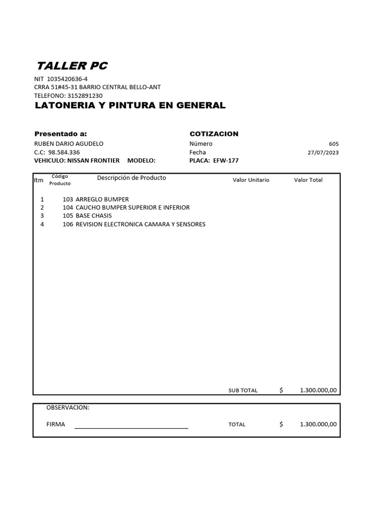 Cotización Taller PC para Nissan Frontier | PDF