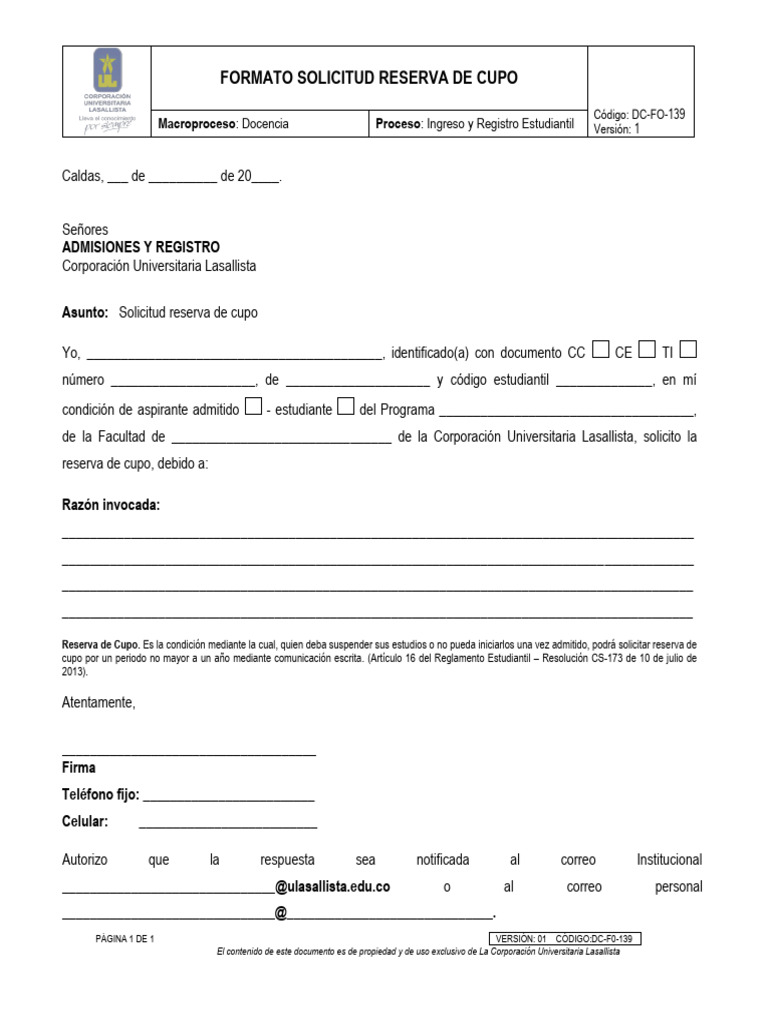 Solicitud Reserva de Cupo | PDF