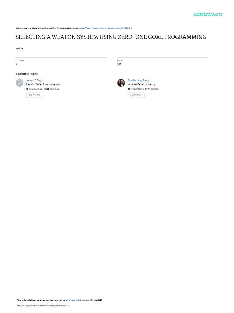 Selecting A Weapon System Using Zero-One Goal Prog | PDF | Mathematics