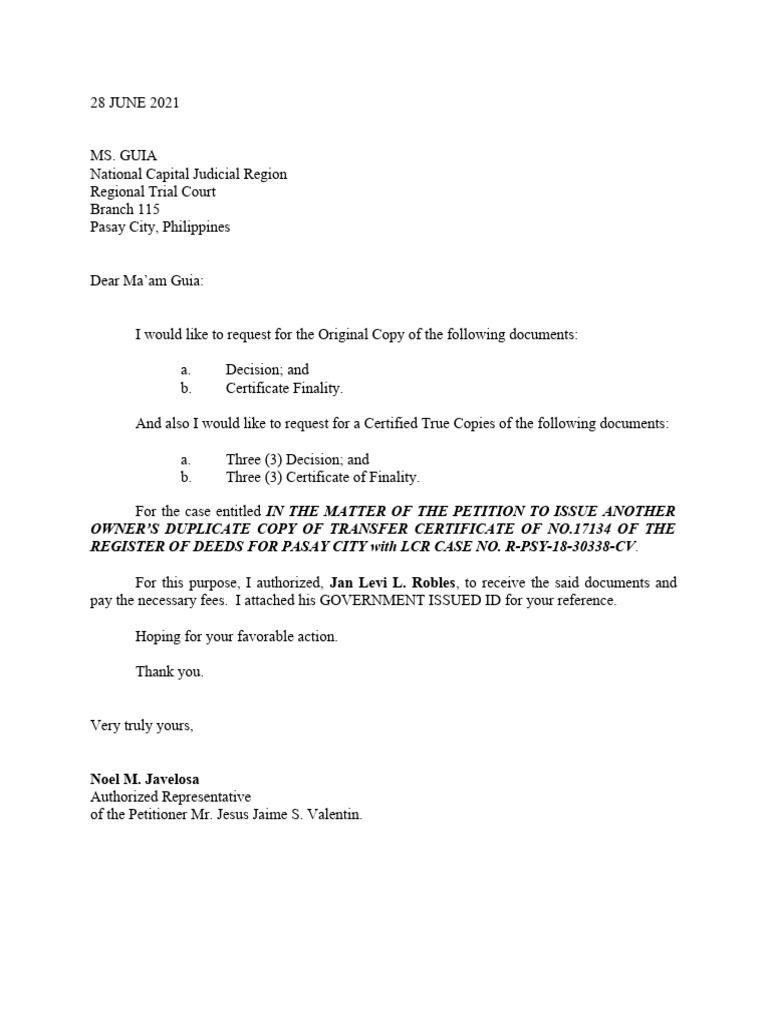 Request and Authorization Letter for Rtc Brch 115-Noel Javelosa | PDF