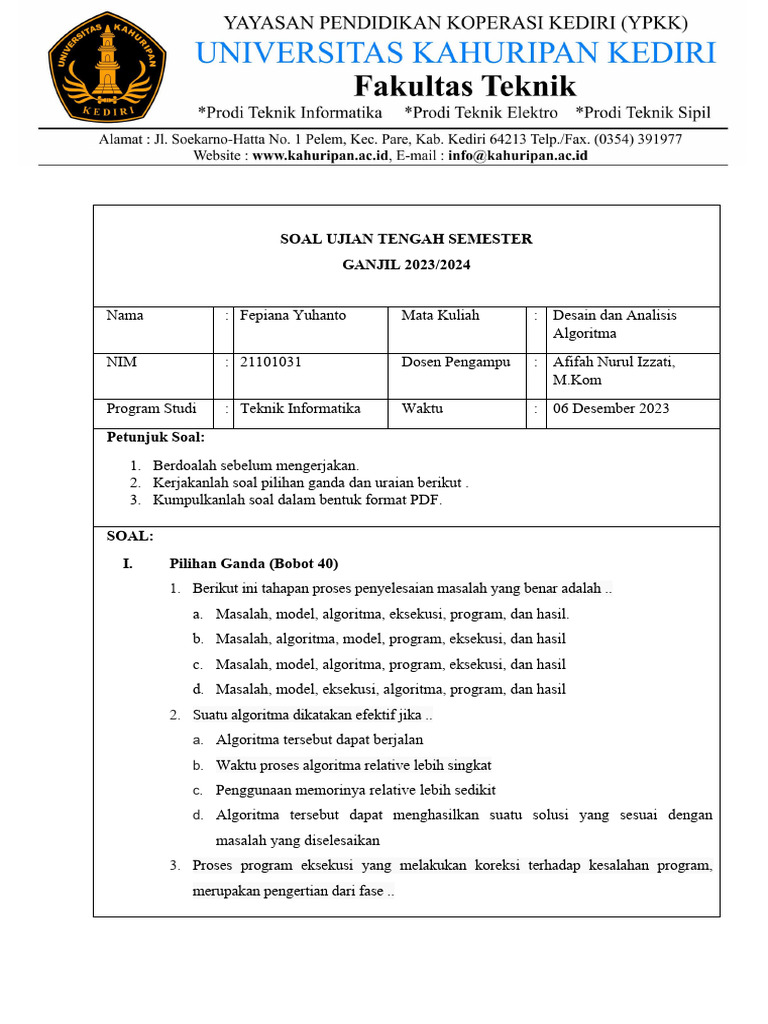 Soal Uts Desain Dan Analisis Algoritma KLS B Semester Ganjil Ta 2023-2024 | PDF