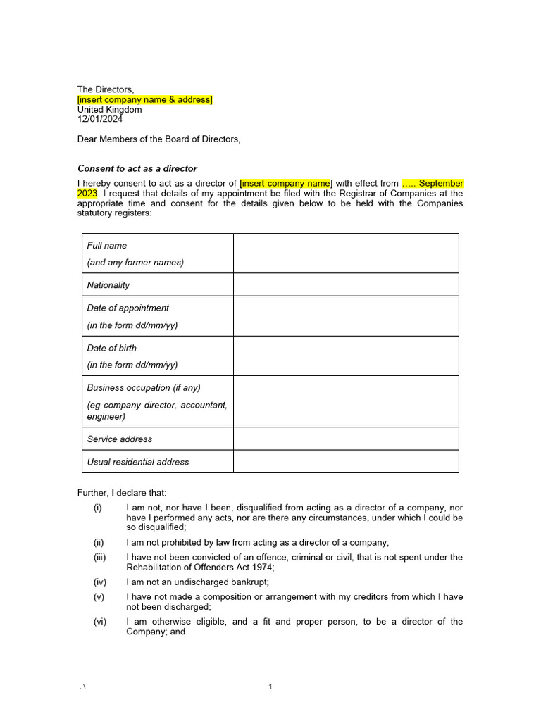 Consent to Act as Director Letter | PDF