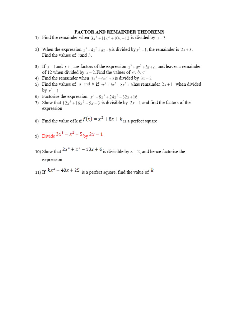 FACTOR AND REMAINDER THEOREMS | PDF