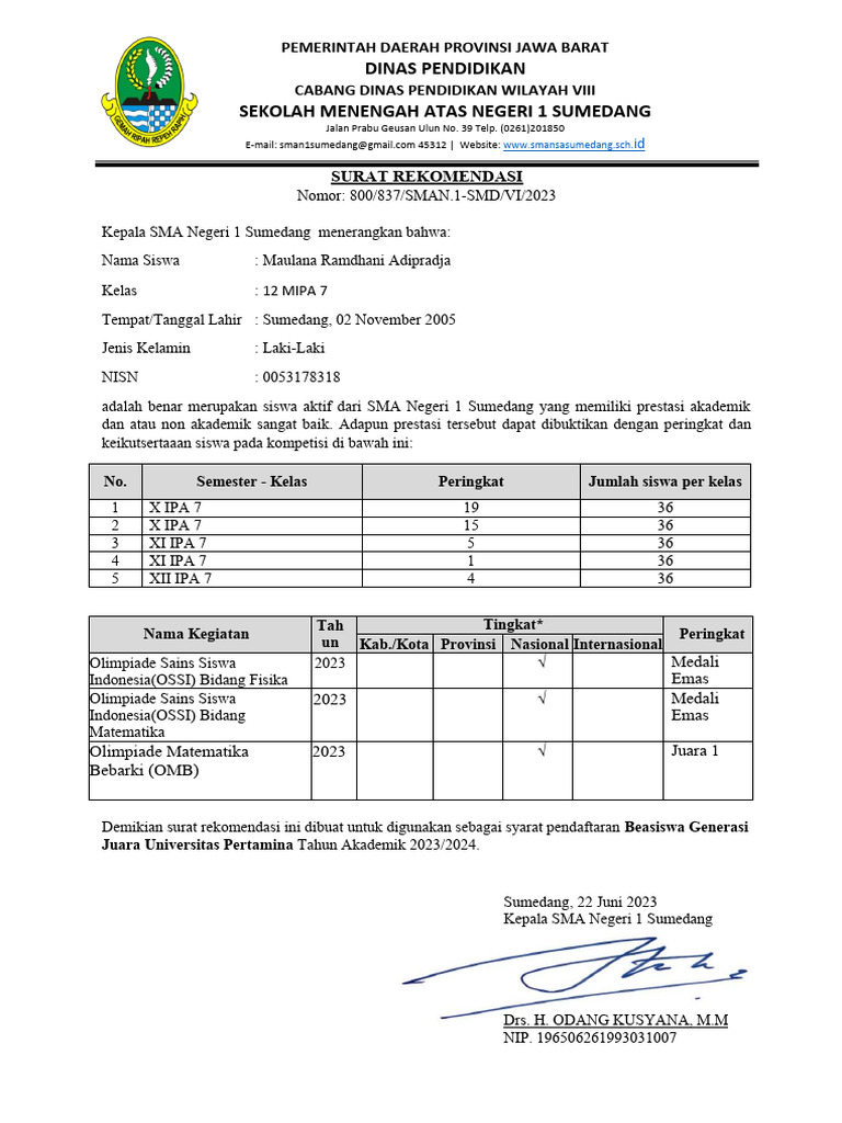 Template Surat Rekomendasi Beasiswa Generasi Juara | PDF