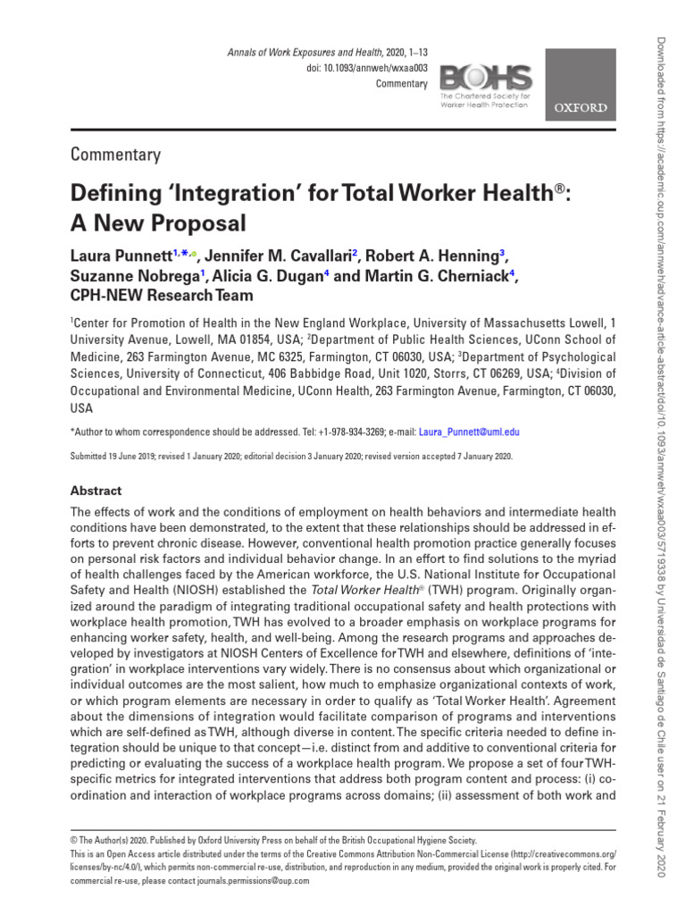Punnett. 2020. Defining Integration' For Total Worker Health® A New Proposal | PDF ...