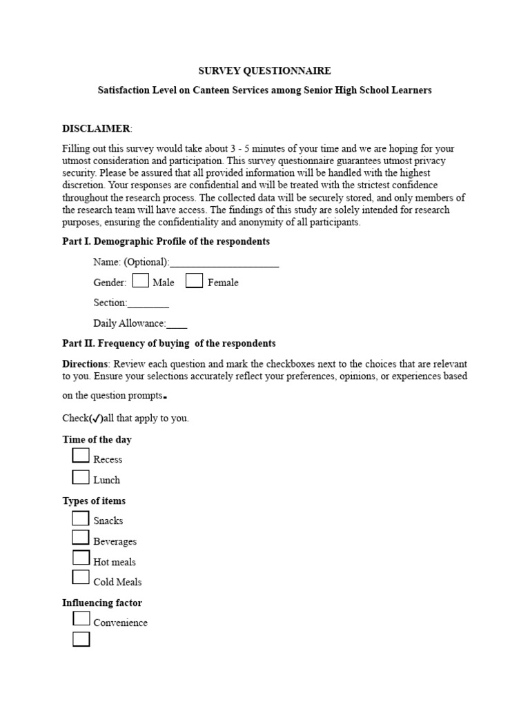 survey-questionnaire. | PDF | Cafeteria | Meal