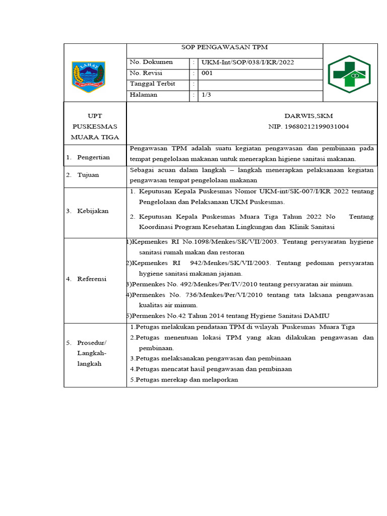 SOP Pengawasan TPM Puskesmas | PDF