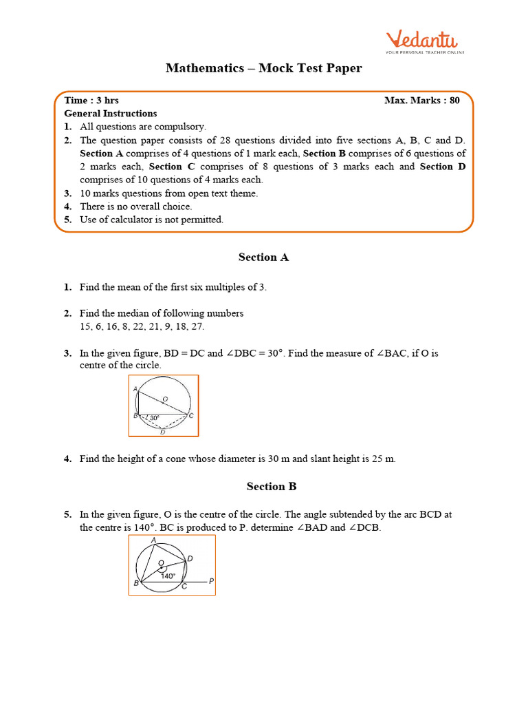 CBSE Sample Question Papers For Class 9 Maths - Mock Paper 1 | PDF ...