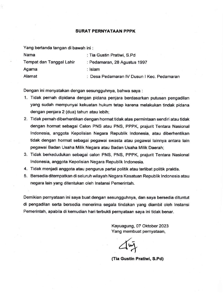 Surat Pernyataan Tia | PDF