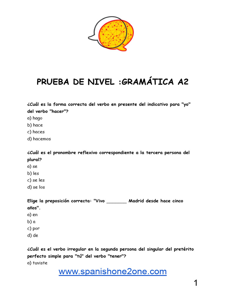 Prueba de Nivel - Gramática A2 | Descargar gratis PDF | Verbo | Lingüística