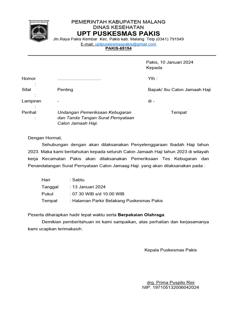 Surat Undangan Kebugaran CJH | PDF Surat Undangan Kebugaran CJH | PDF