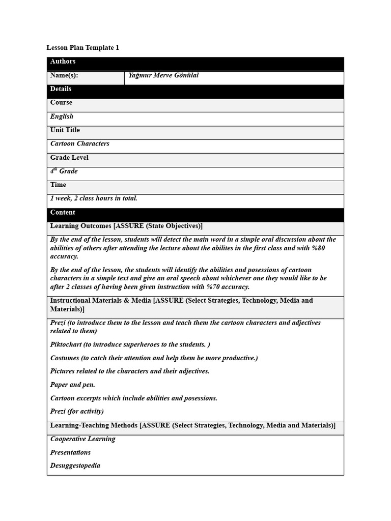 4th Grade Cartoon Lesson Plan | PDF | Learning | Lesson Plan
