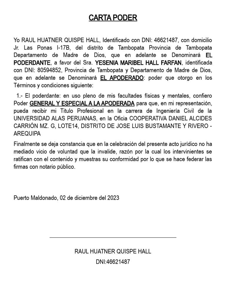 Carta Poder Notarial Modelo - Arequipa | PDF