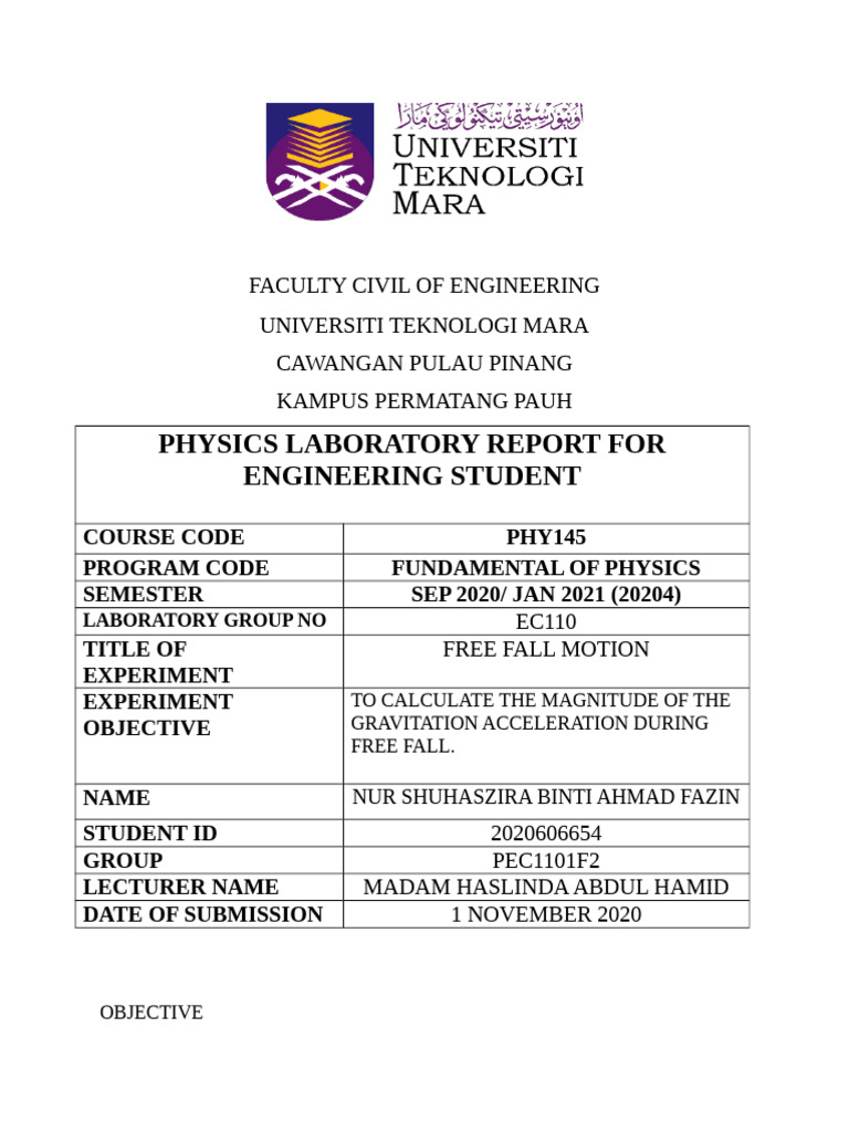 Lab Report Free Fall Motion | PDF | Velocity | Gravity