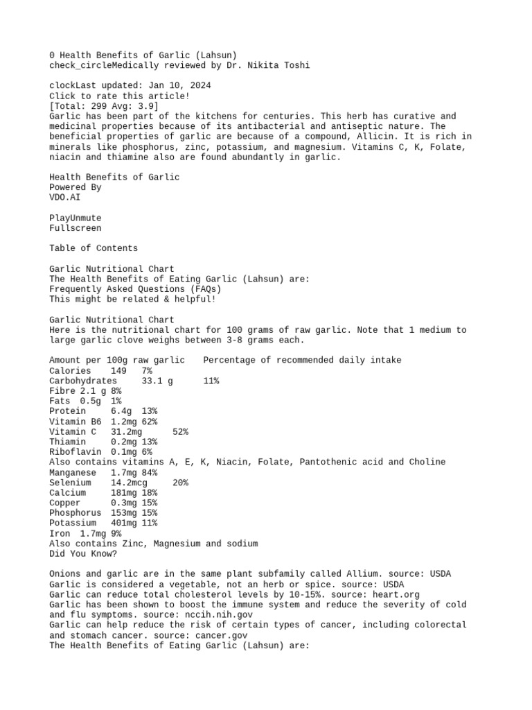 Benifits of Garlic | PDF | Garlic | Vitamin