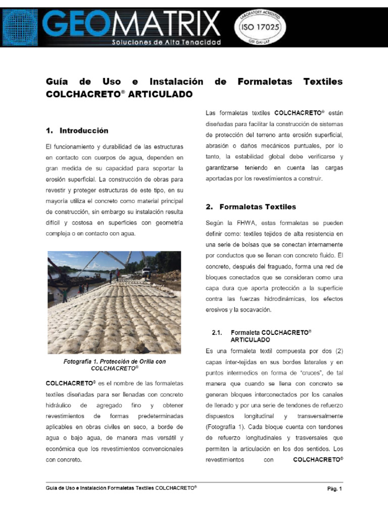 Guía de Uso e Instalación de Formaletas Textiles COLCHACRETO ARTICULADO - PDF Descargar Libre | PDF